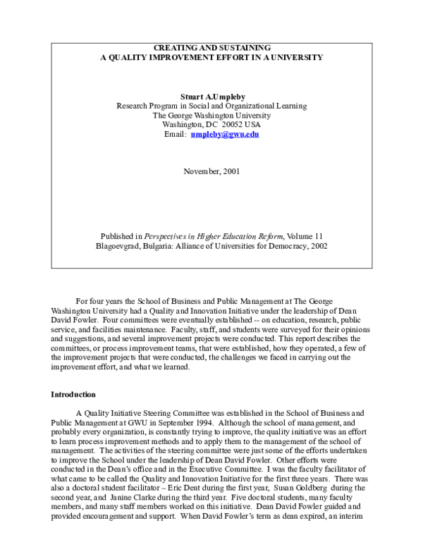 (PDF) CREATING AND SUSTAINING A QUALITY IMPROVEMENT EFFORT IN A UNIVERSITY