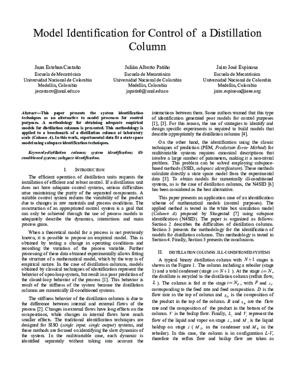 (PDF) Model identification for control of a distillation column