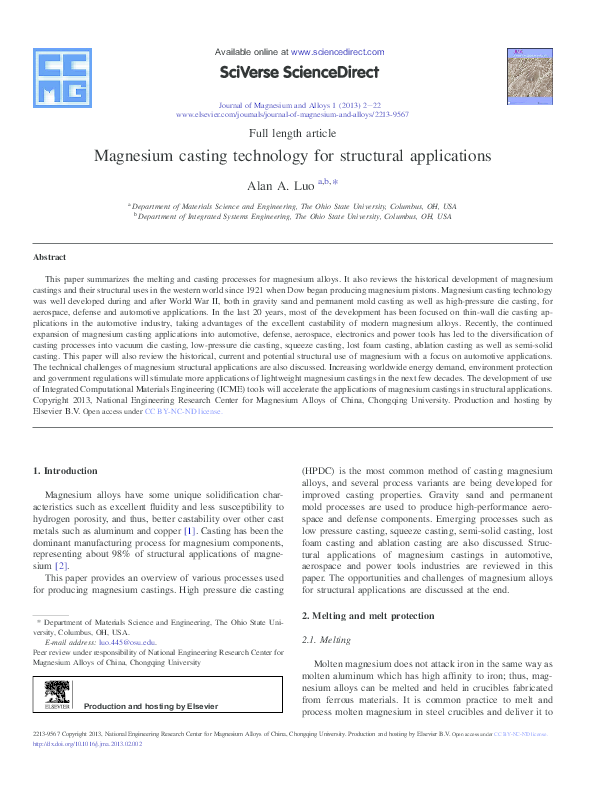 (PDF) Magnesium casting technology for structural applications