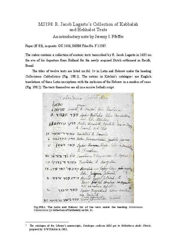 (PDF) MS198: R. Jacob Lagarto’s Collection of Kabbalah and Hekhalot ...