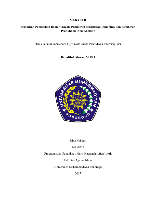 (DOC) MAKALAH Pemikiran Pendidikan Al-Ghazali, Ibnu Sina, dan Ibnu Khaldun