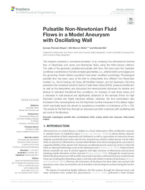 Pdf Pulsatile Non Newtonian Fluid Flows In A Model Aneurysm With Oscillating Wall