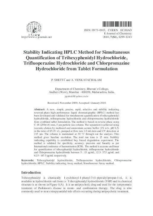 (PDF) Stability Indicating HPLC Method for Simultaneous Quantification of Trihexyphenidyl ...