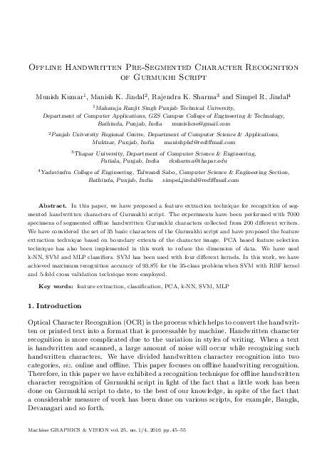 Pdf Offline Handwritten Pre Segmented Character Recognition Of Gurmukhi Script Munish Jindal