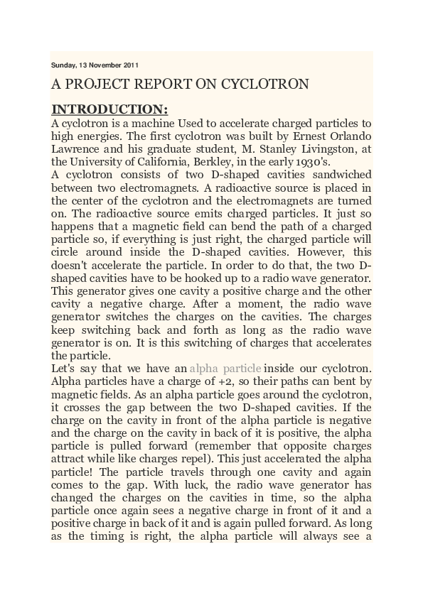 (DOC) A PROJECT REPORT ON CYCLOTRON