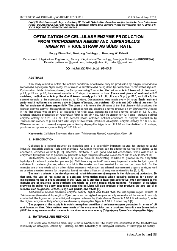 Pdf Optimization Of Cellulase Enzyme Production From Trichoderma Reesei And Aspergillus Niger