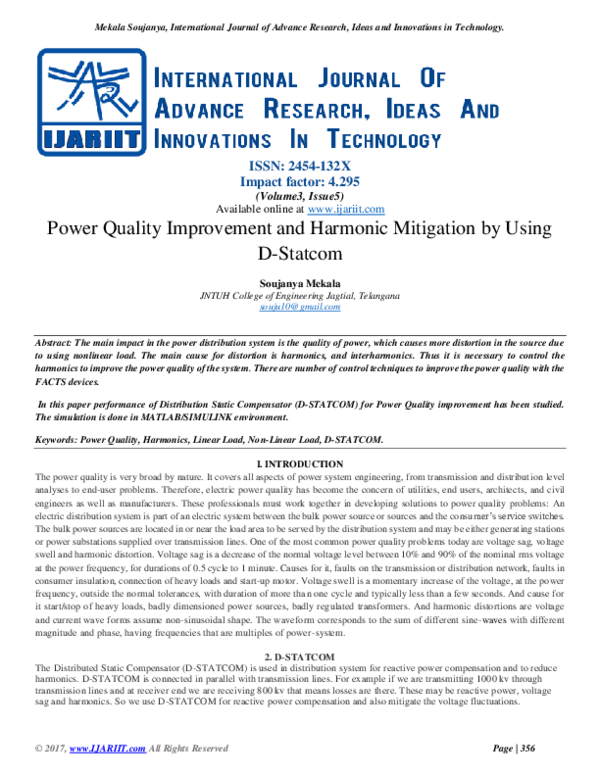 (PDF) Power Quality Improvement and Harmonic Mitigation by Using D-Statcom