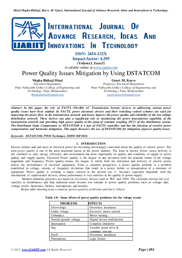 Pdf Power Quality Issues Mitigation By Using Dstatcom