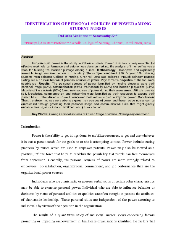 (DOC) IDENTIFICATION OF PERSONAL SOURCES OF POWER AMONG STUDENT NURSES