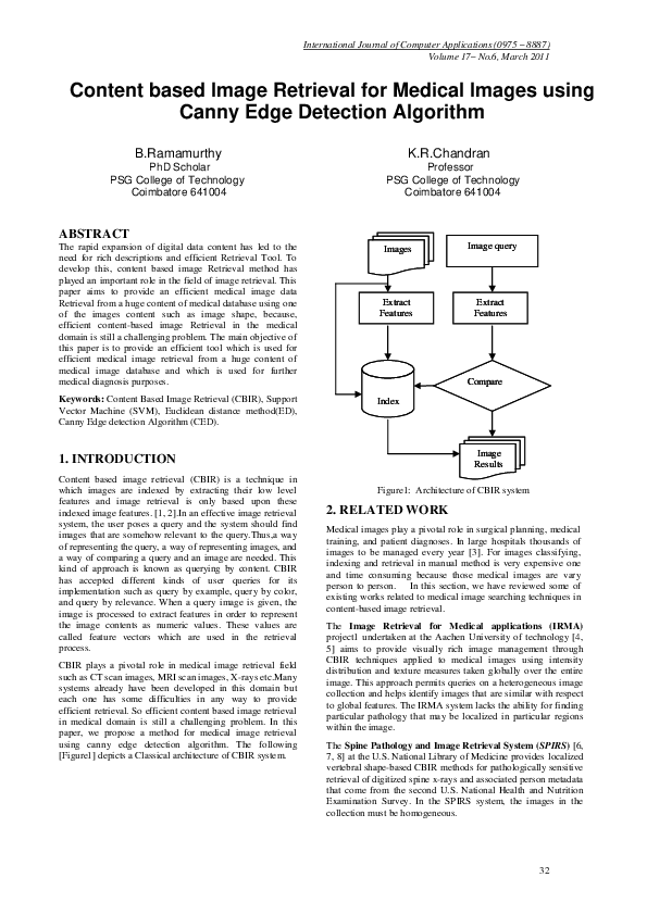 Pdf Content Based Image Retrieval For Medical Images Using Canny Edge Detection Algorithm
