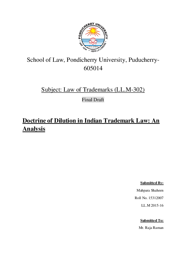 (DOC) Doctrine of Dilution in Indian Trademark Law: An Analysis