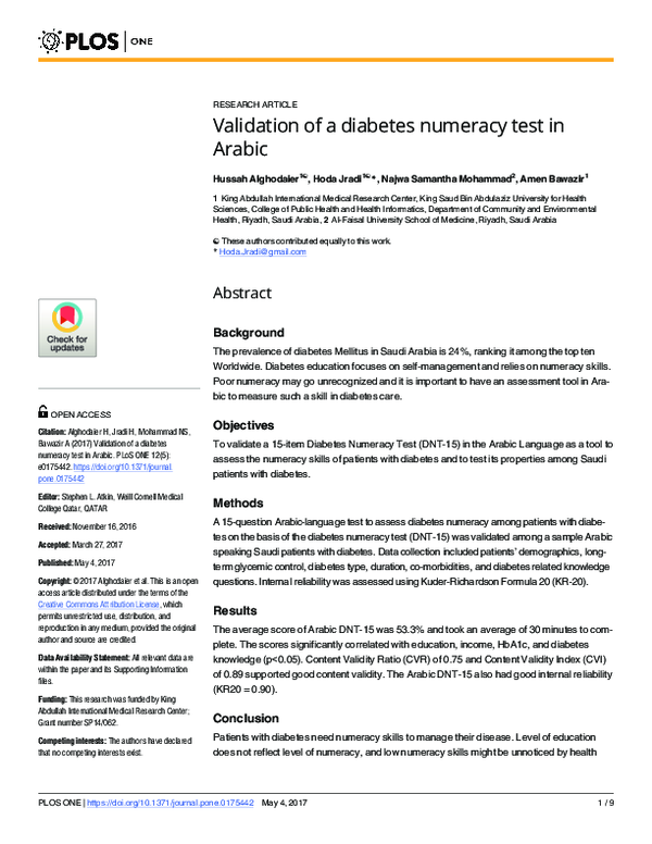 (PDF) Validation of a diabetes numeracy test in Arabic