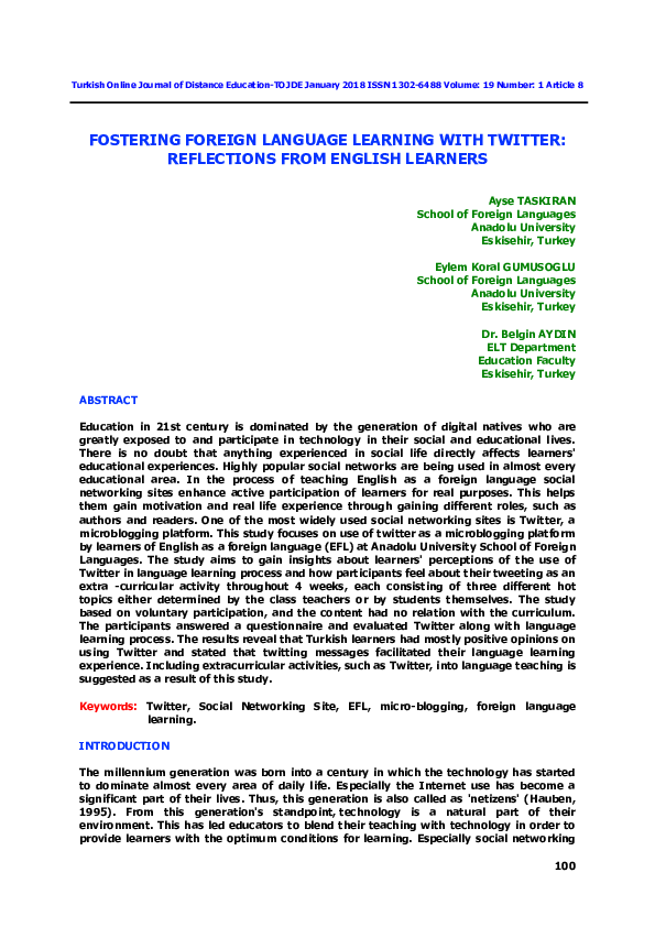 (PDF) FOSTERING FOREIGN LANGUAGE LEARNING WITH TWITTER: REFLECTIONS FROM ENGLISH LEARNERS