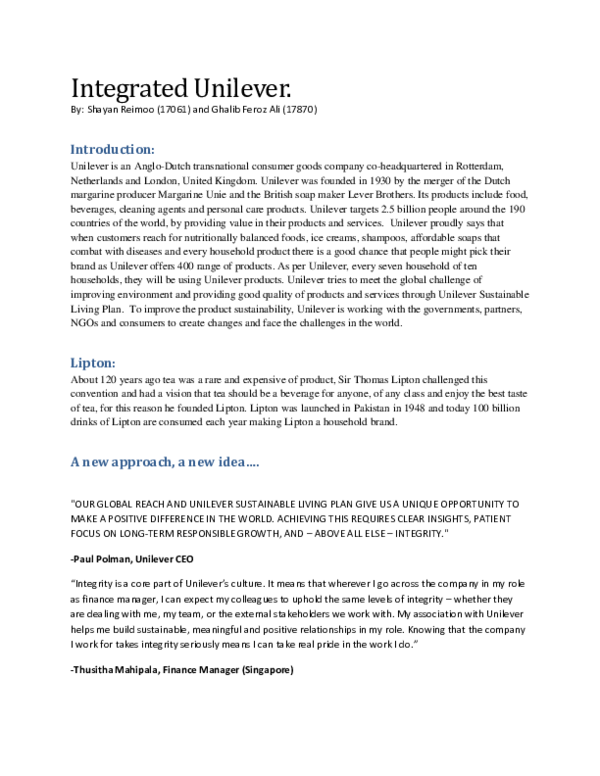 (DOC) Integrated Unilever Case Study.docx