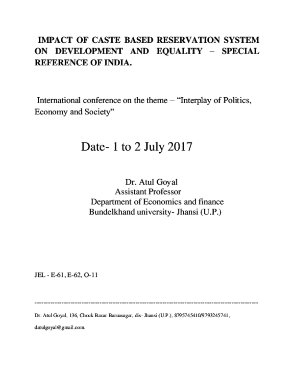 (PDF) IMPACT OF CASTE BASED RESERVATION SYSTEM ON DEVELOPMENT AND ...