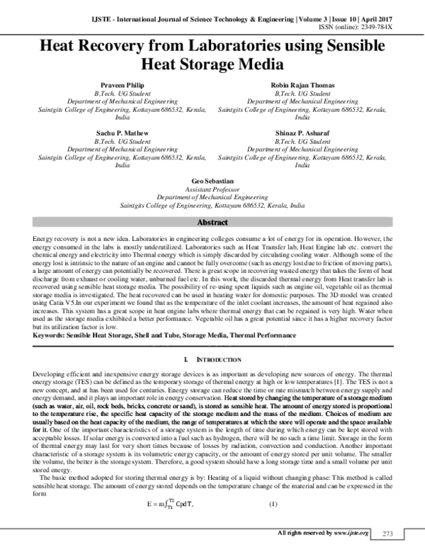 (PDF) Heat Recovery from Laboratories using Sensible Heat Storage Media
