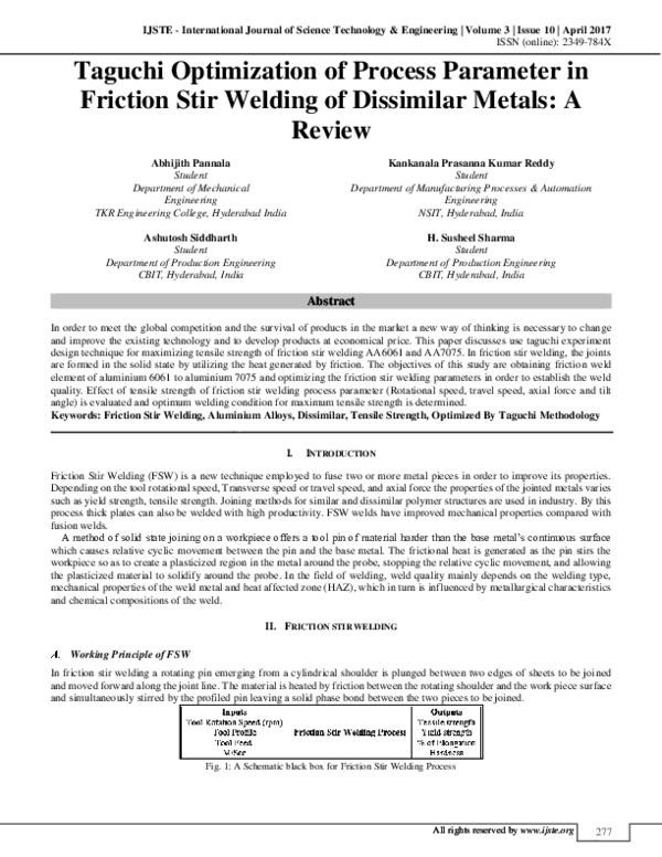 Pdf Taguchi Optimization Of Process Parameter In Friction Stir Welding Of Dissimilar Metals A