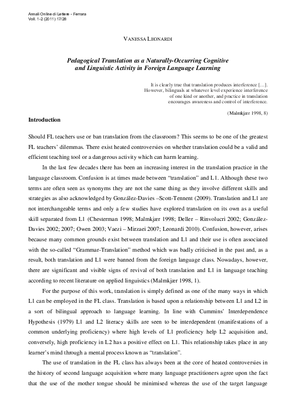 (PDF) Pedagogical Translation as a Naturally-Occuring Cognitive and ...