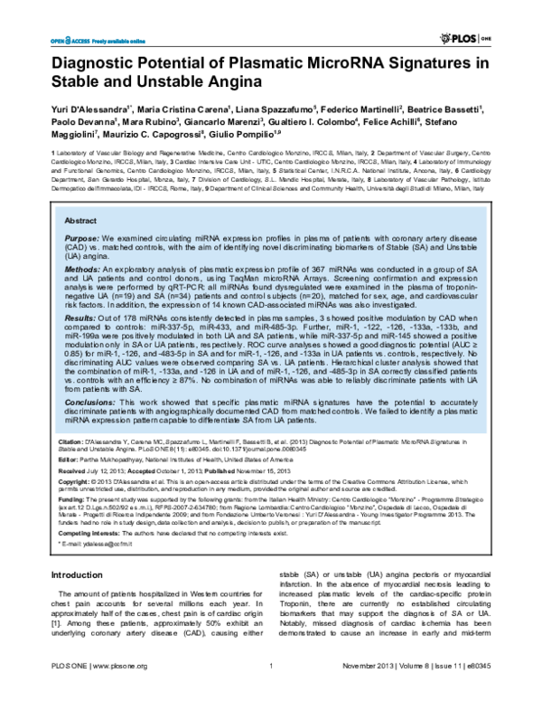 (PDF) Diagnostic Potential of Plasmatic MicroRNA Signatures in Stable ...