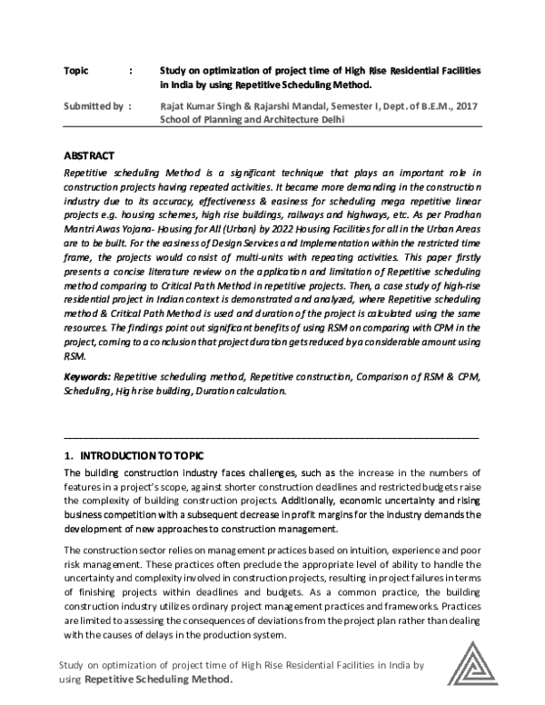 (PDF) Study on optimization of project time of High Rise Residential Facilities in India by ...