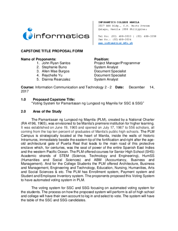 (DOC) CAPSTONE TITLE PROPOSAL FORM Name of Proponents