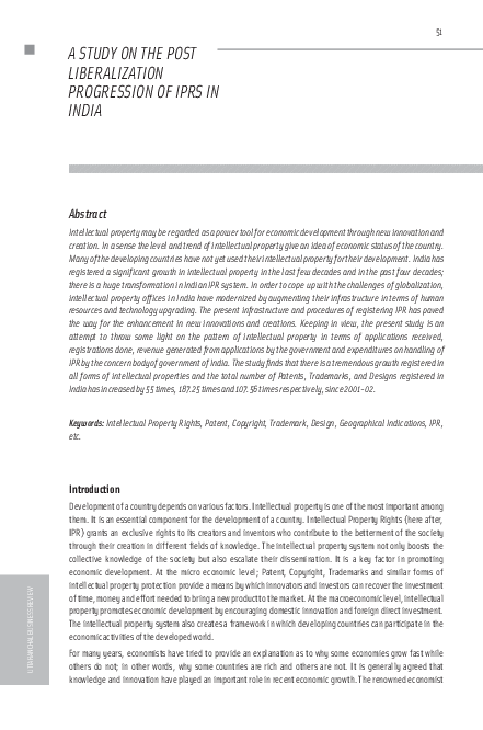 (PDF) A STUDY ON THE POST LIBERALIZATION PROGRESSION OF IPRS IN INDIA