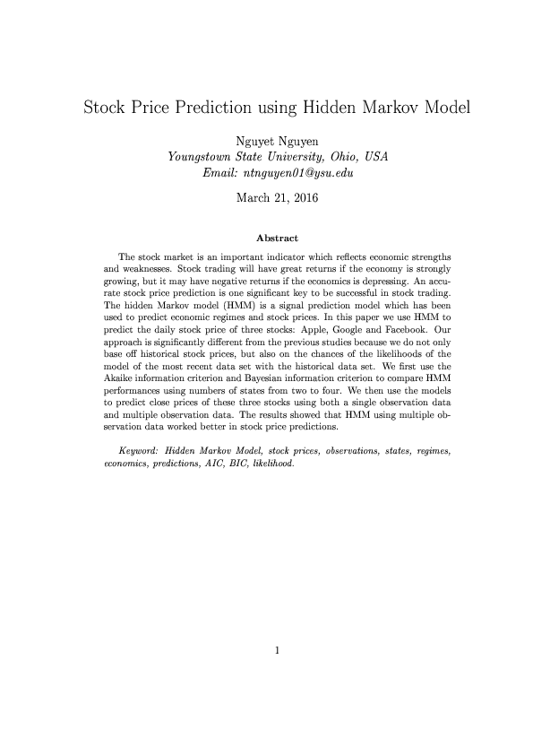 Pdf Stock Price Prediction Using Hidden Markov Model