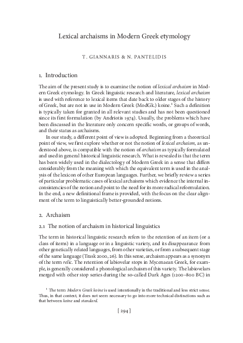 (PDF) Lexical archaisms in Modern Greek etymology