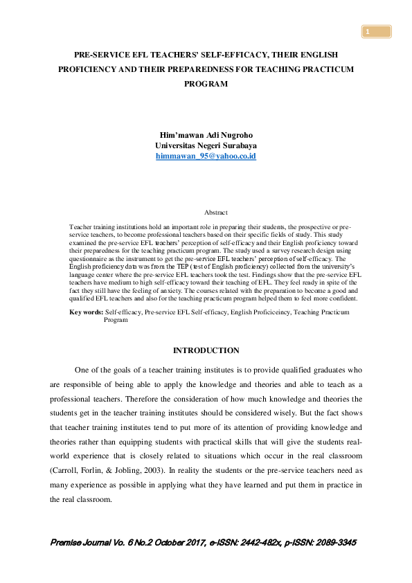 (PDF) PRE-SERVICE EFL TEACHERS' SELF-EFFICACY, THEIR ENGLISH PROFICIENCY AND THEIR PREPAREDNESS ...