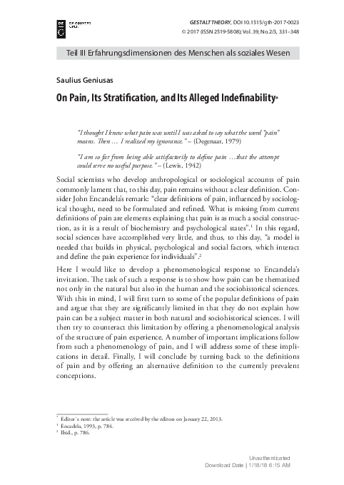 (PDF) On Pain, Its Stratification, and Its Alleged Indefinability