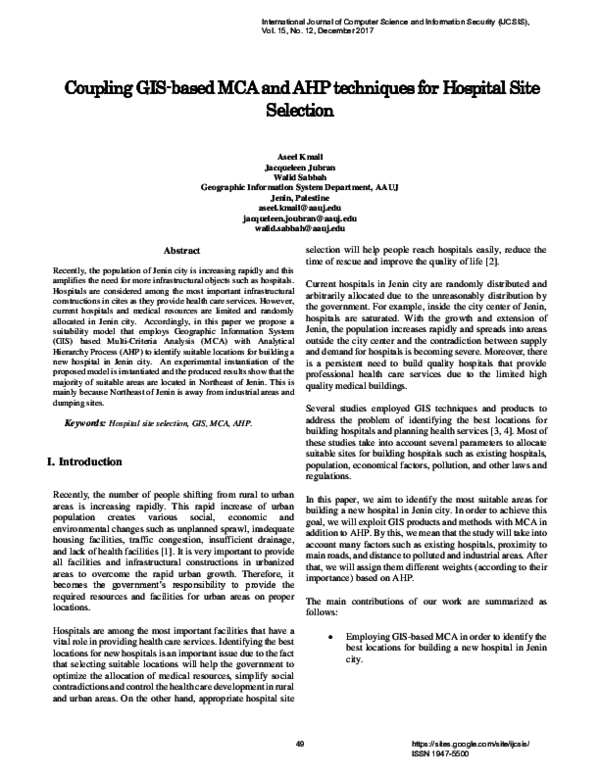 Pdf Coupling Gis Based Mca And Ahp Techniques For Hospital Site Selection