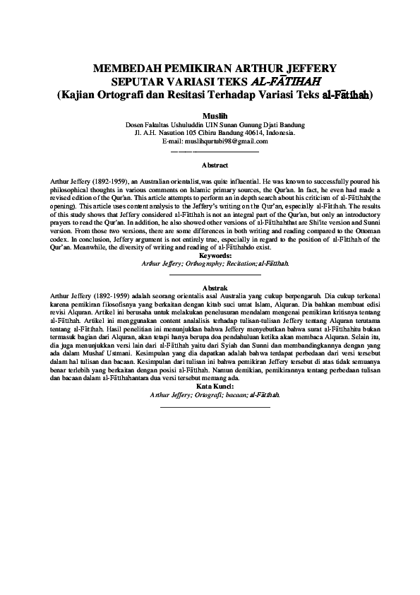 (PDF) MEMBEDAH PEMIKIRAN ARTHUR JEFFERY SEPUTAR VARIASI TEKS AL-FA tihah