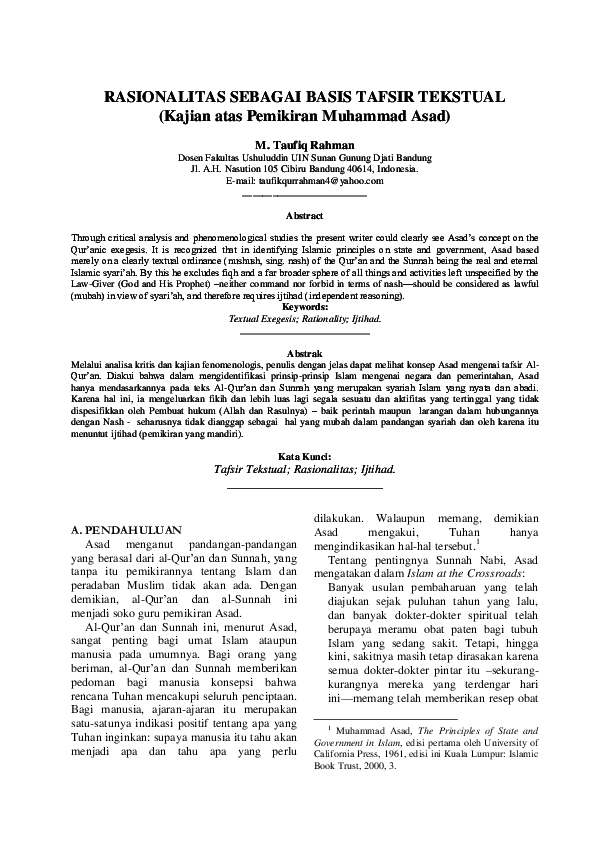 (PDF) RASIONALITAS SEBAGAI BASIS TAFSIR TEKSTUAL (Kajian atas Pemikiran Muhammad Asad).pdf