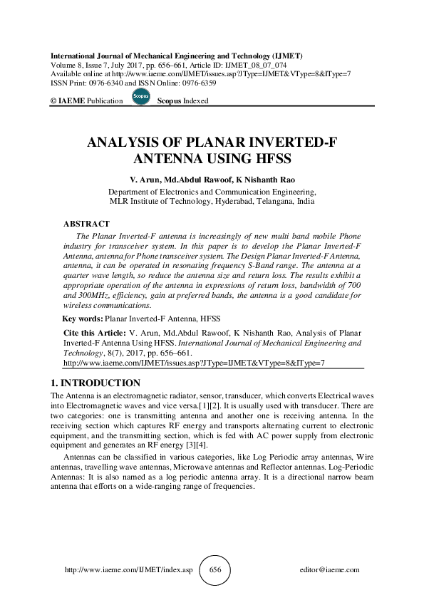 (PDF) ANALYSIS OF PLANAR INVERTED-F ANTENNA USING HFSS