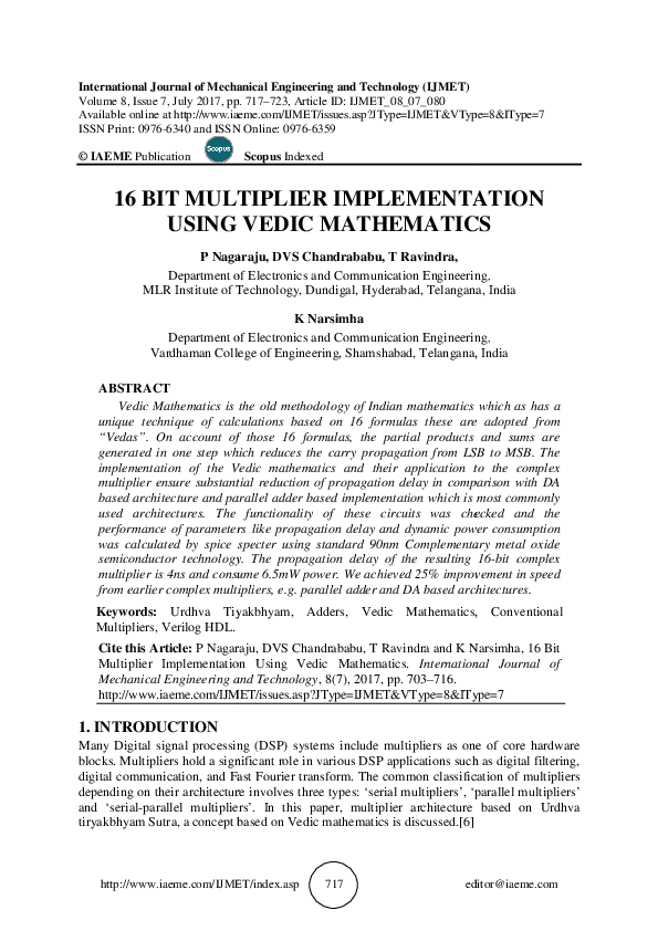 (PDF) 16 BIT MULTIPLIER IMPLEMENTATION USING VEDIC MATHEMATICS