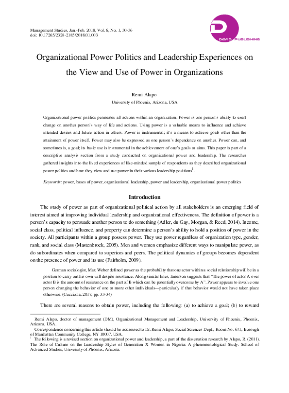 (PDF) INFLUENCING BEHAVIOUR IN THE ORGANIZATION: POWER, POLITICS AND ...