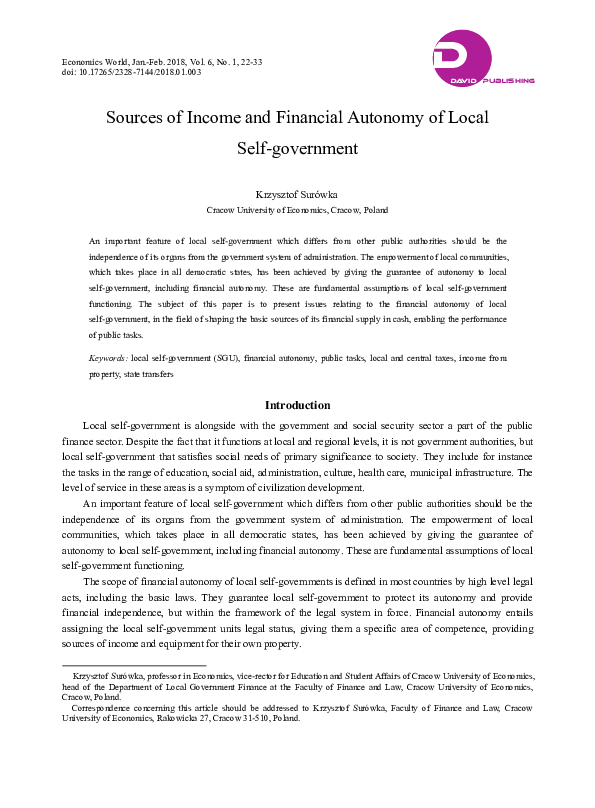 (PDF) Sources of Income and Financial Autonomy of Local Self-government