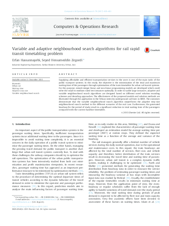 Pdf Variable And Adaptive Neighbourhood Search Algorithms For Rail Rapid Transit Timetabling