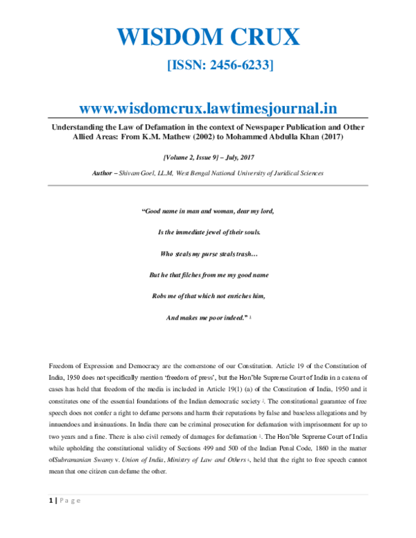 (PDF) Understanding the Law of Defamation in the context of Newspaper ...