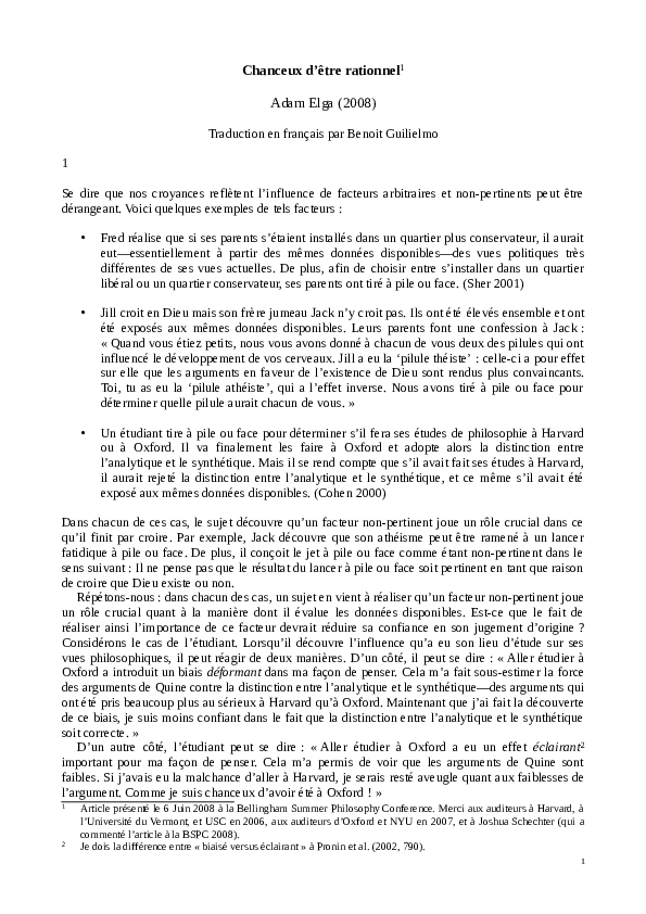 (PDF) Adam Elga - Chanceux d'être rationnel