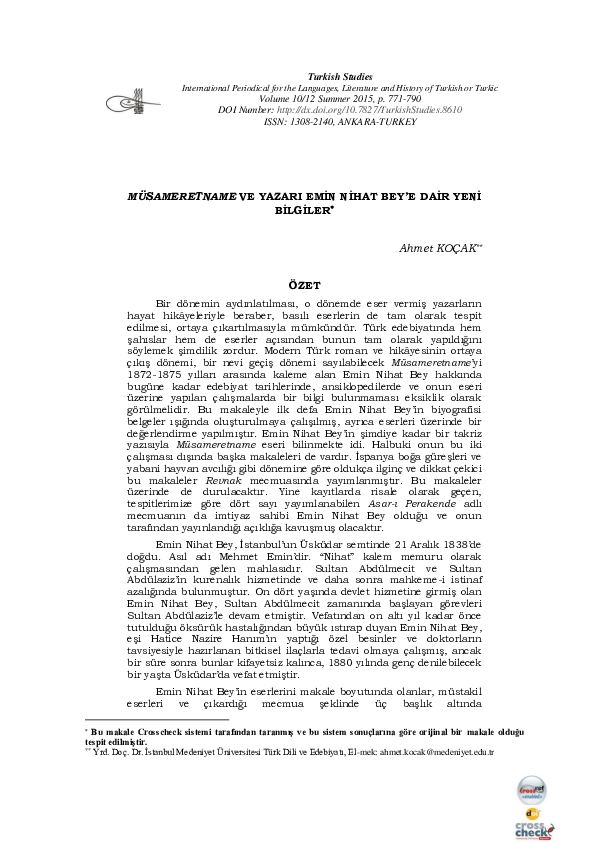 (PDF) Müsameretname ve Yazarı Emin Nihat Bey’e Dair Yeni Bilgiler
