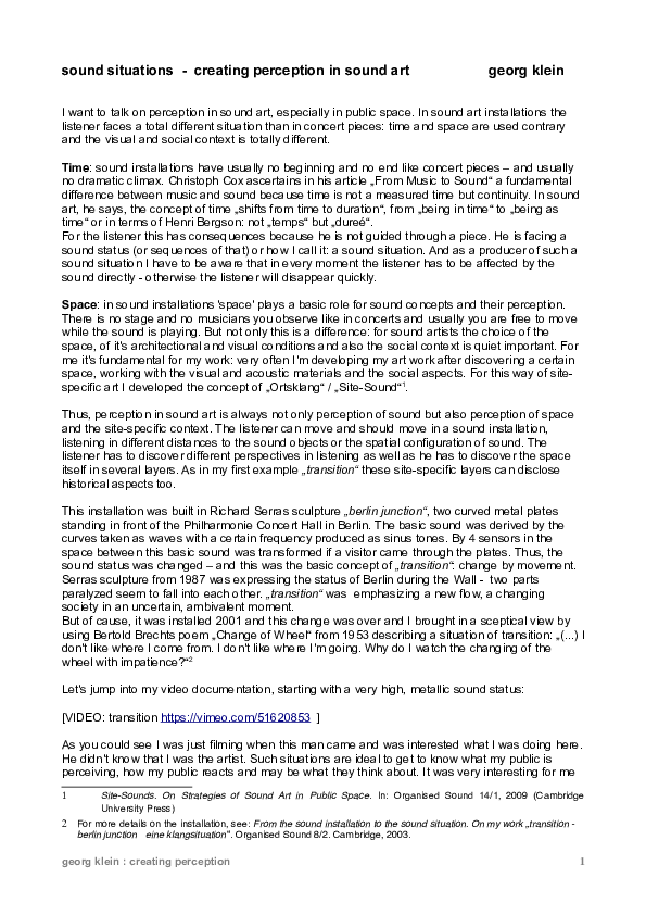 (PDF) Sound Situations - Creating perception in sound art