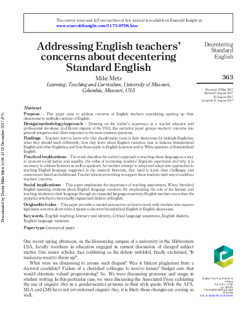 (PDF) Addressing English teachers’ concerns about decentering Standard ...