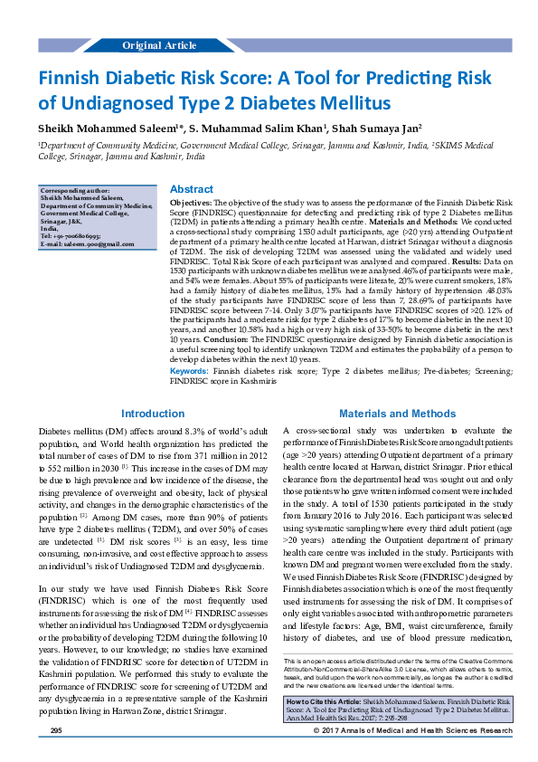 (PDF) Finnish diabetic risk score a tool for predicting risk of ...