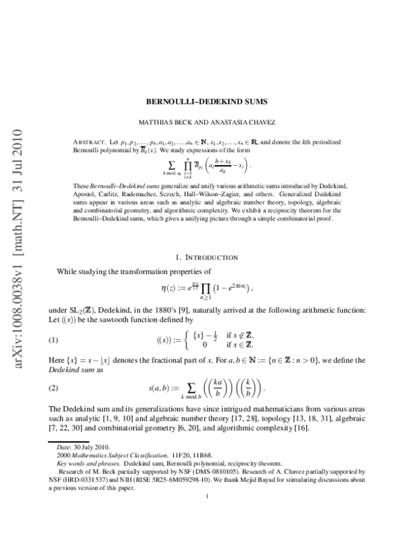 (PDF) BERNOULLI–DEDEKIND SUMS