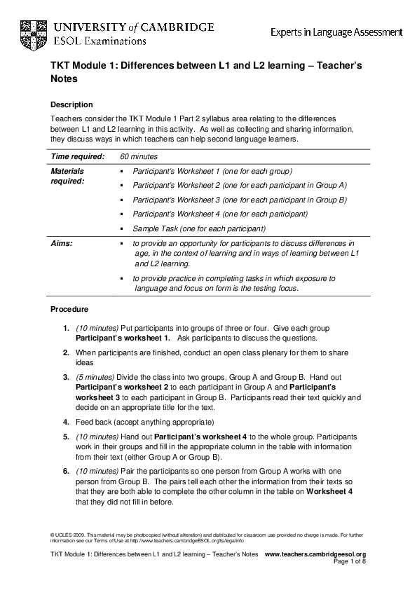 (PDF) TKT Module 1: Differences between L1 and L2 learning – Teacher's ...