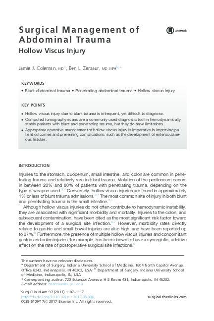 (PDF) Surgical Management of Abdominal Trauma Hollow Viscus Injury