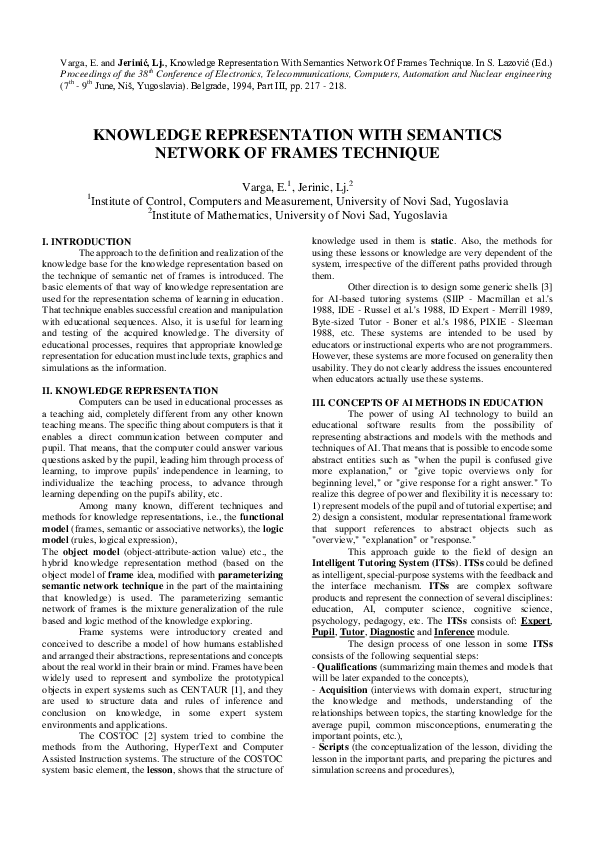 (PDF) Knowledge Representation with Semantics Network of Frames Technique
