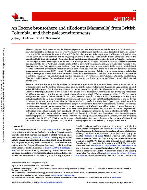 (PDF) An Eocene brontothere and tillodonts (Mammalia) from British ...