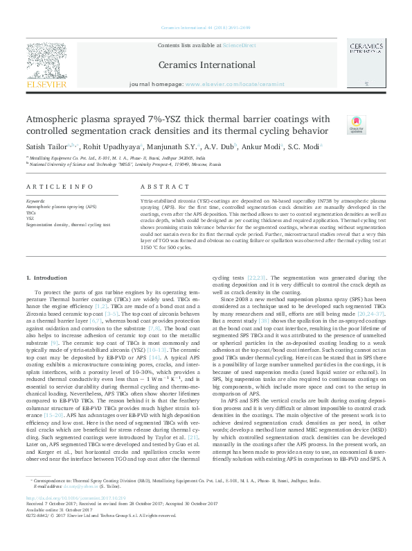 (PDF) Atmospheric plasma sprayed 7%-YSZ thick thermal barrier coatings with controlled ...
